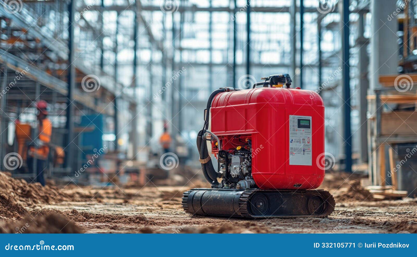 Red Fire Suppression Robot Standing Guard at Construction Site Stock ...