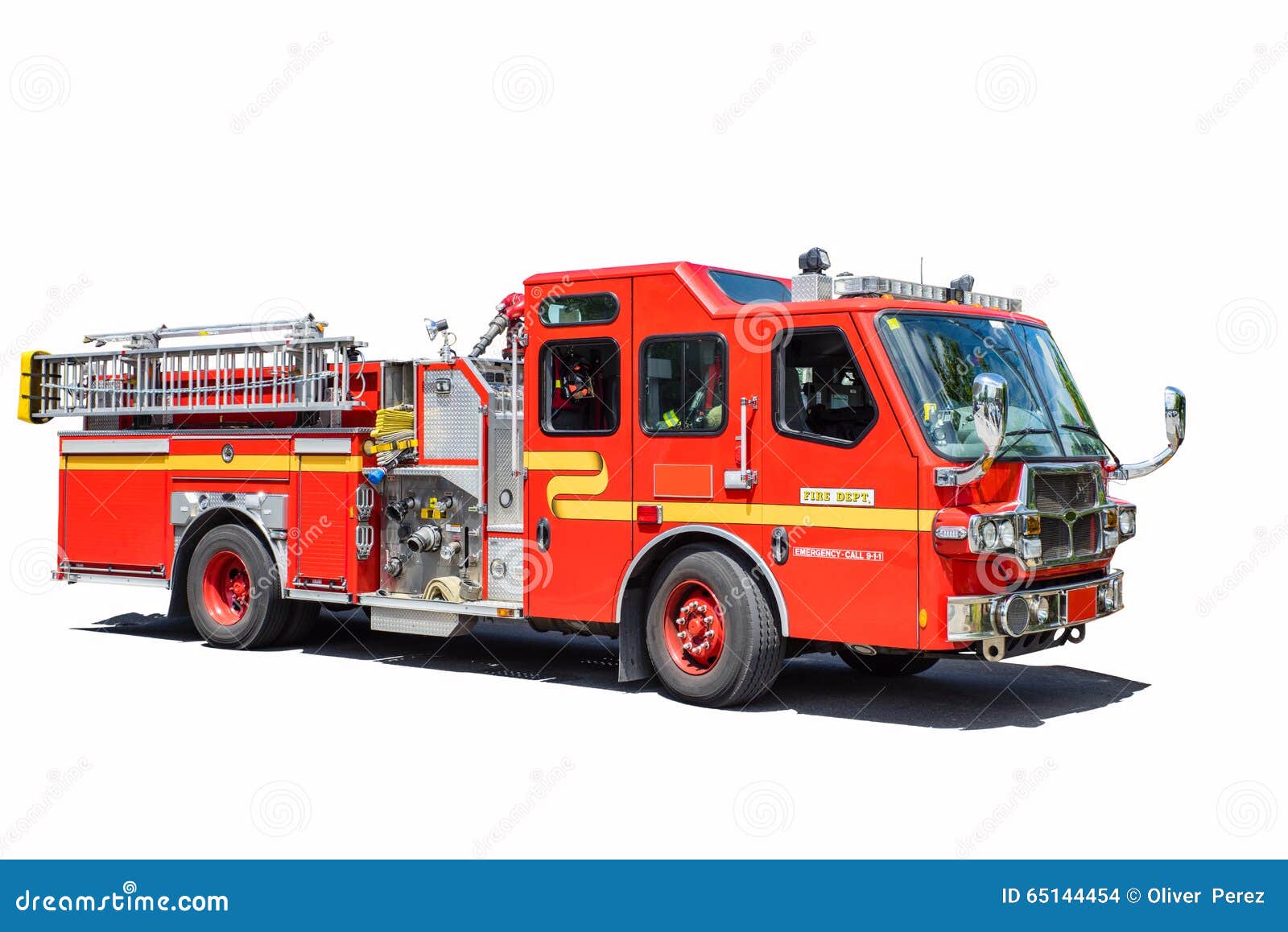 Red fire truck isolated stock photo. Image of hose, assist - 65144454