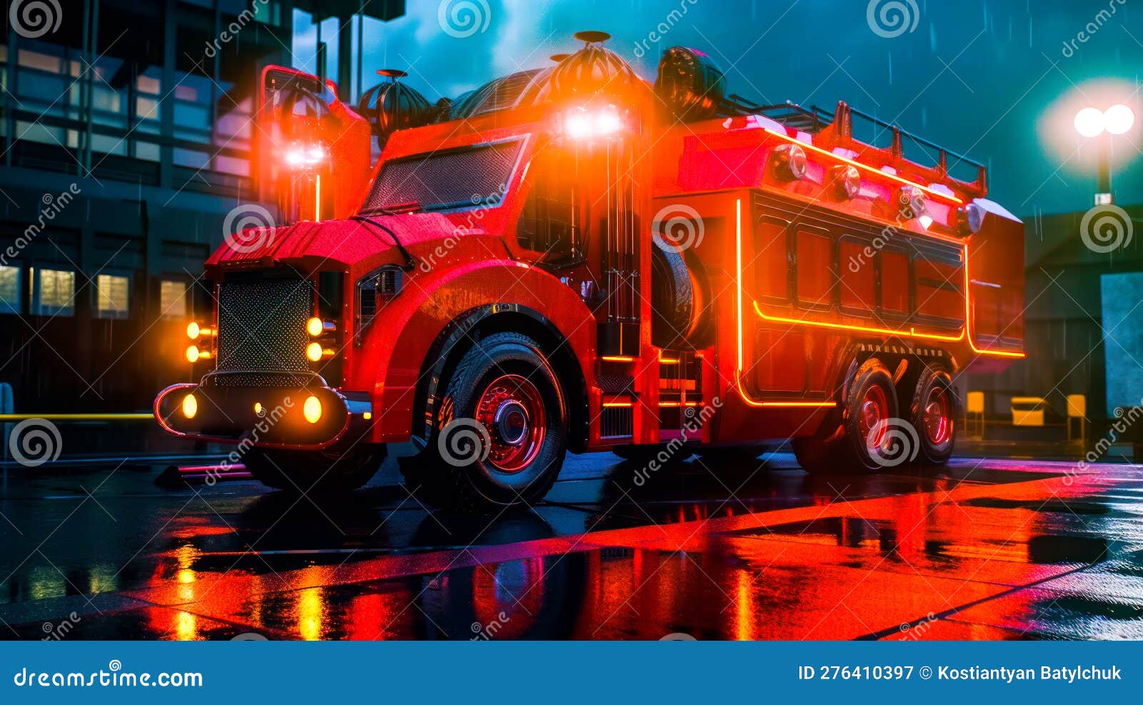 Red Fire Truck Parked in Front of Building with Red Light on it ...