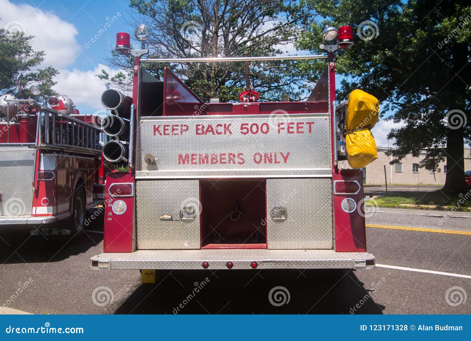 Red Fire Truck with the Words Keep Back 500 Feet and Members only ...