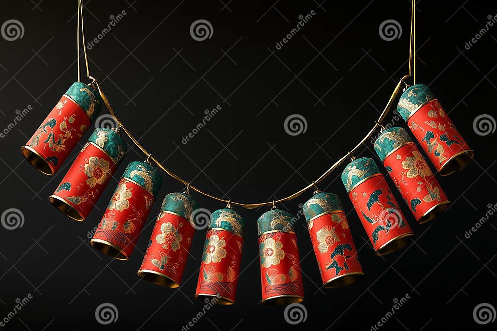 Red Firecracker with a Thin Gold String, Placed on a Matte Black ...