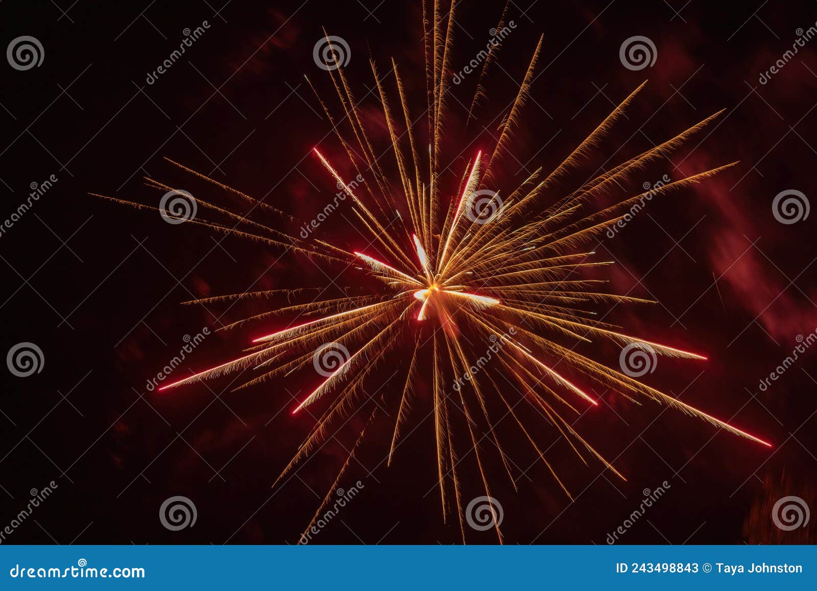 Red Firework Exploding in Sparks and Smoke at Night Stock Image - Image ...