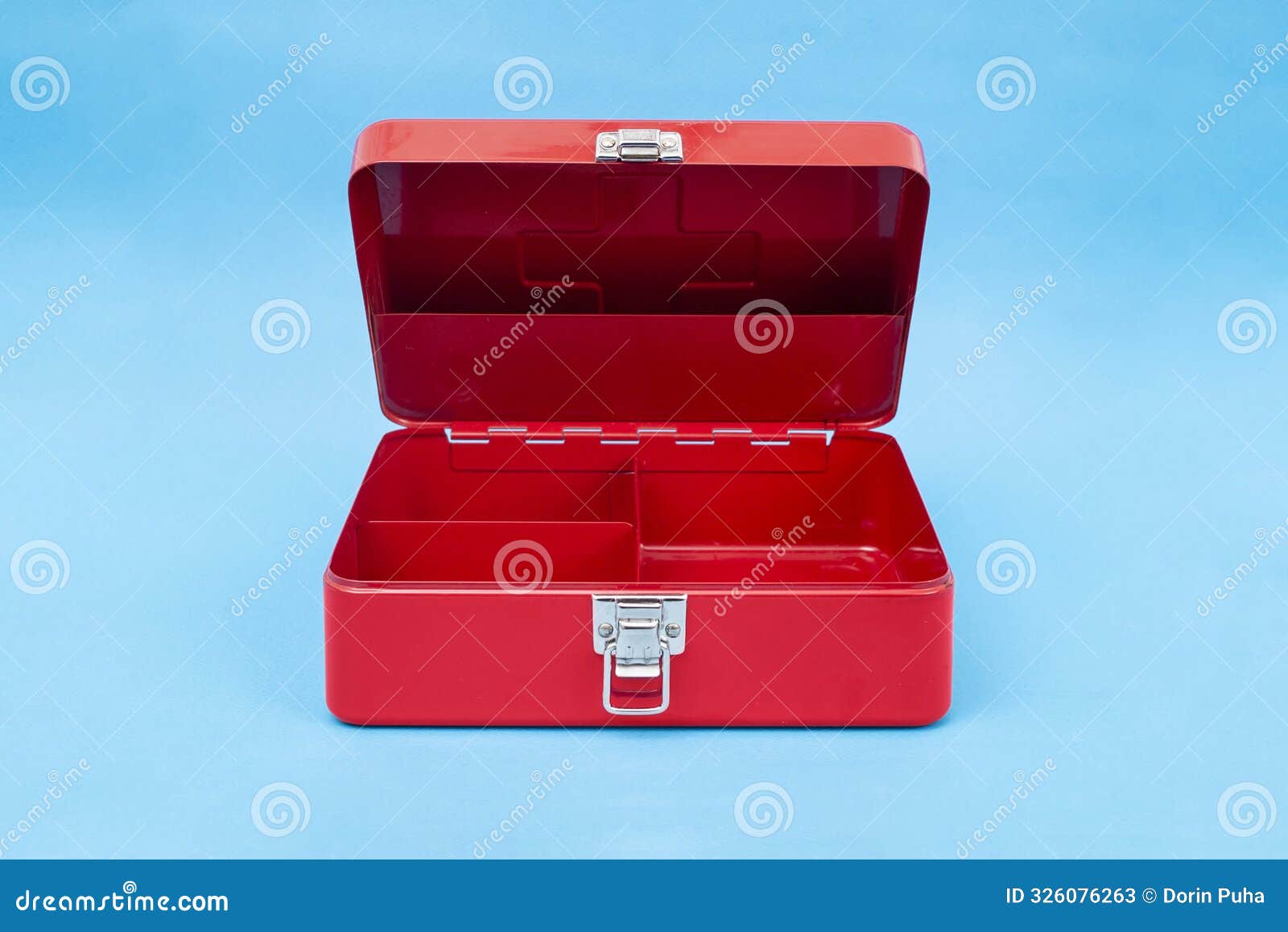 Red First Aid Kit Box, Opened, on Blue Background, Empty Copy Space for ...