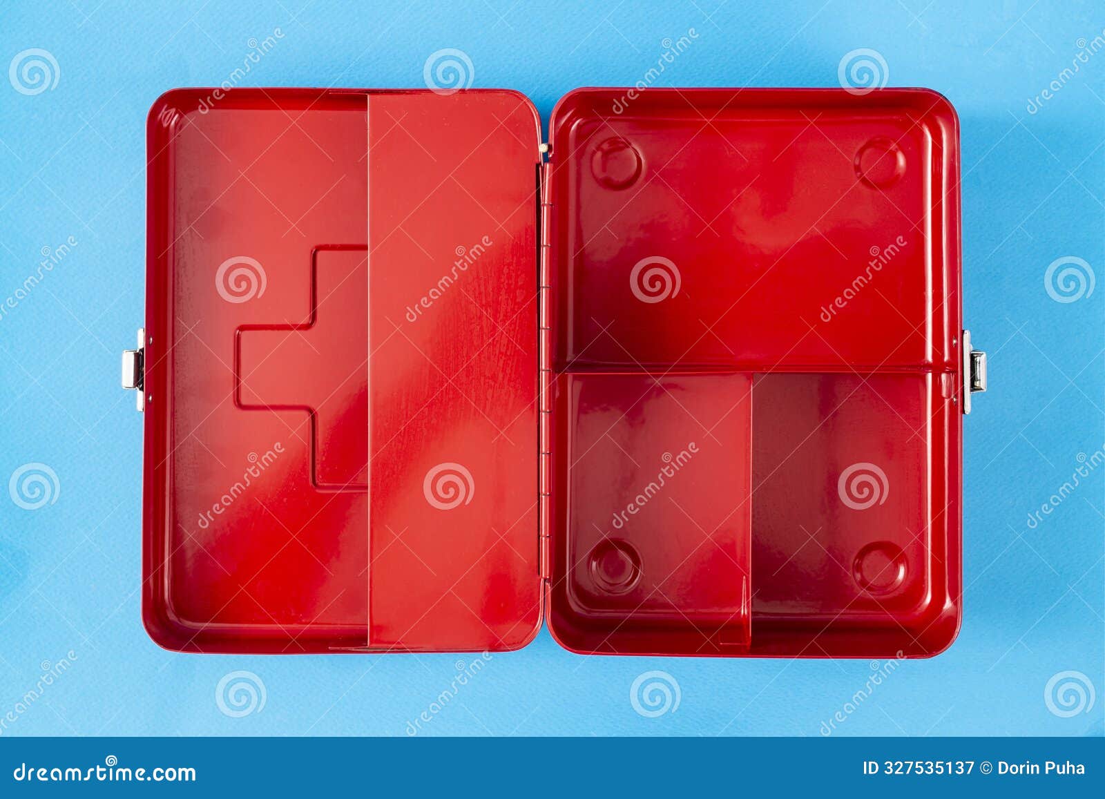 Red First Aid Kit Box, Opened, Flat Lay on Blue Background, Empty Copy ...