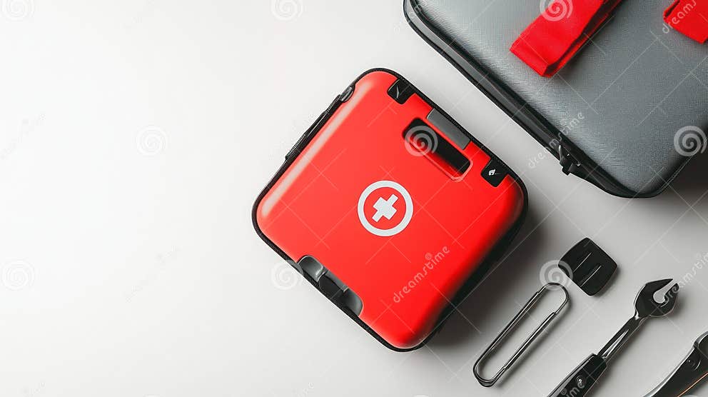 Red First-aid Kit with Tools on White Background Stock Illustration ...