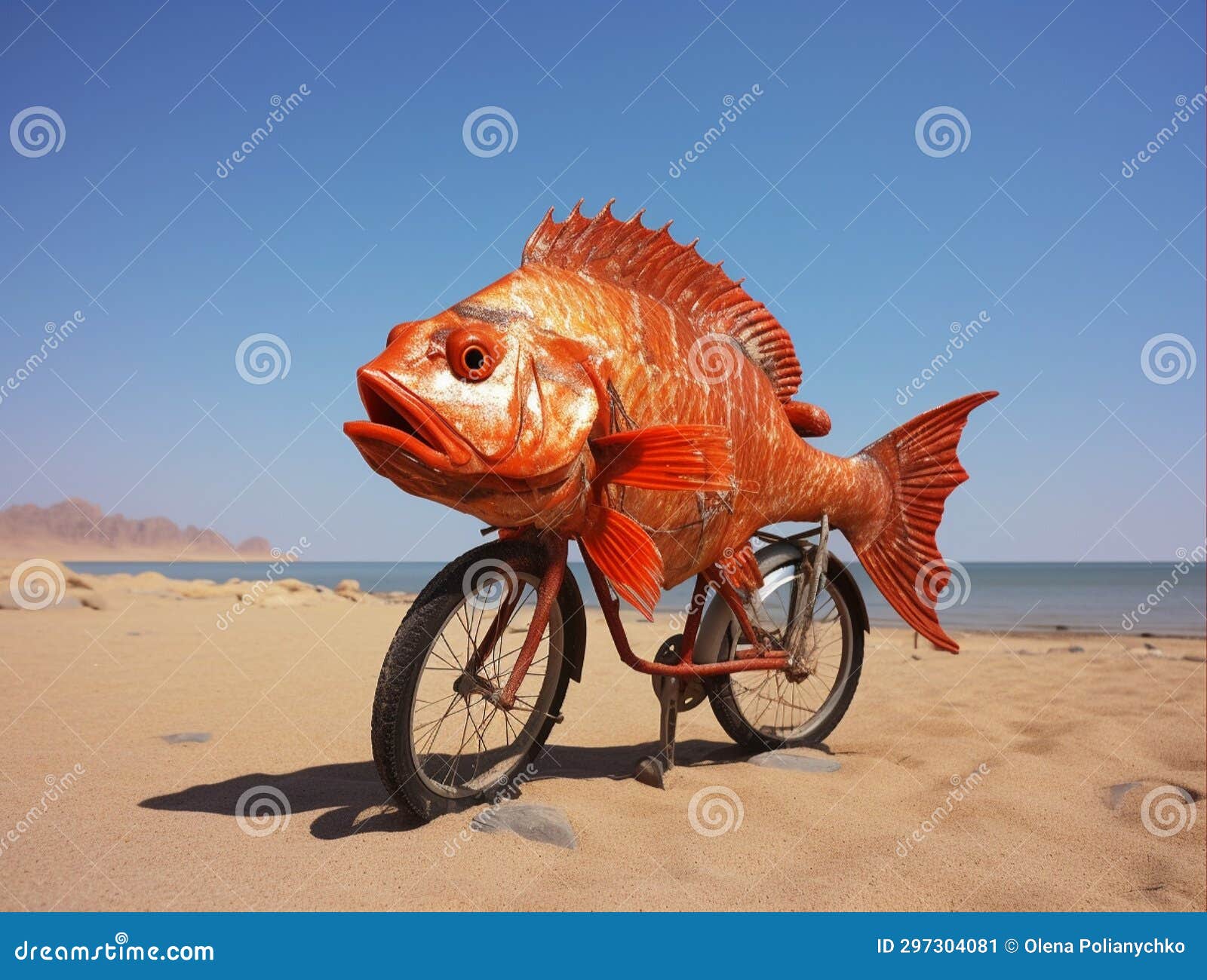 Red Fish on a Bicycle on the Sandy Seashore Stock Illustration ...