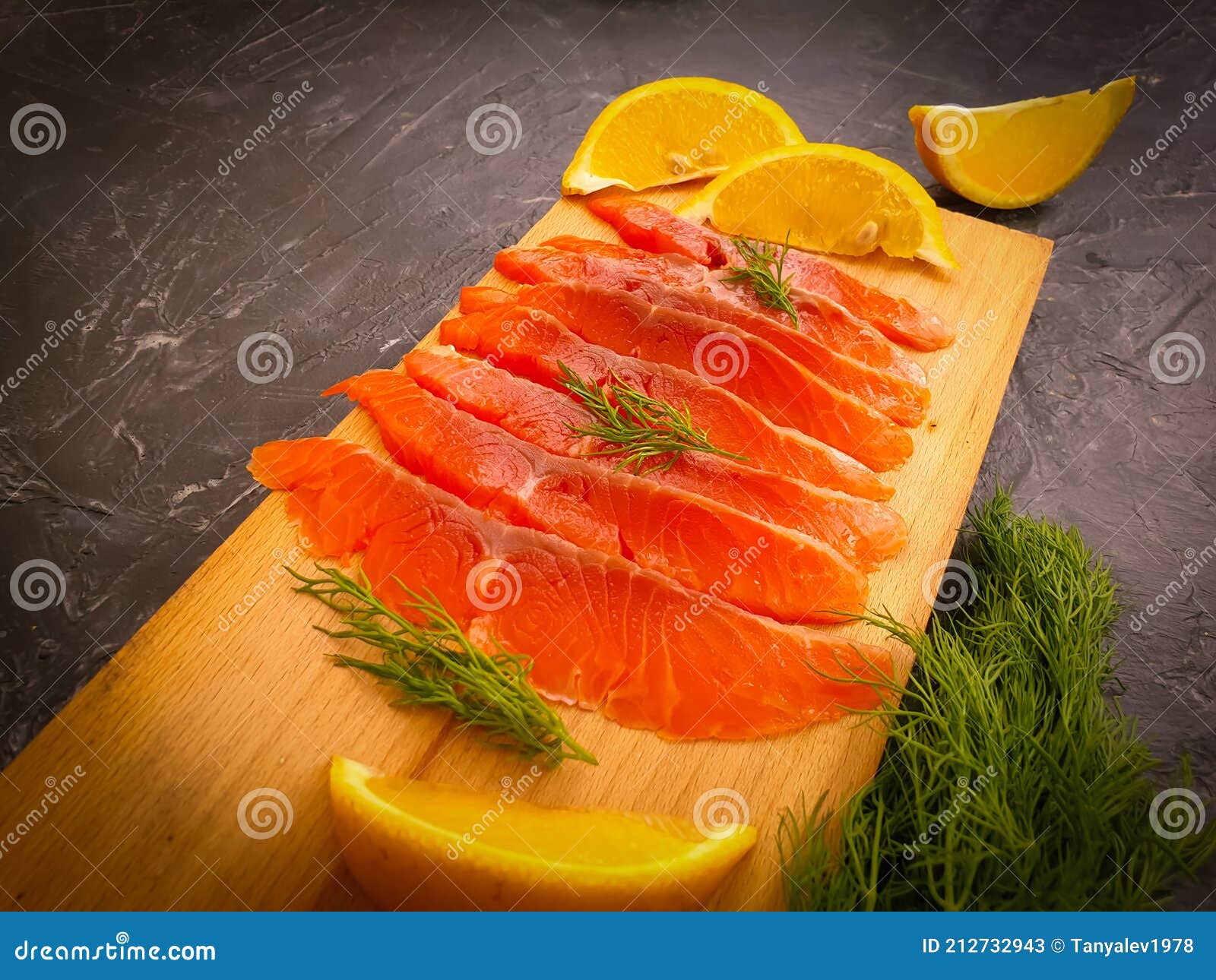 Red Fish Pieces, Lemon on Concrete Background Portion Stock Image ...