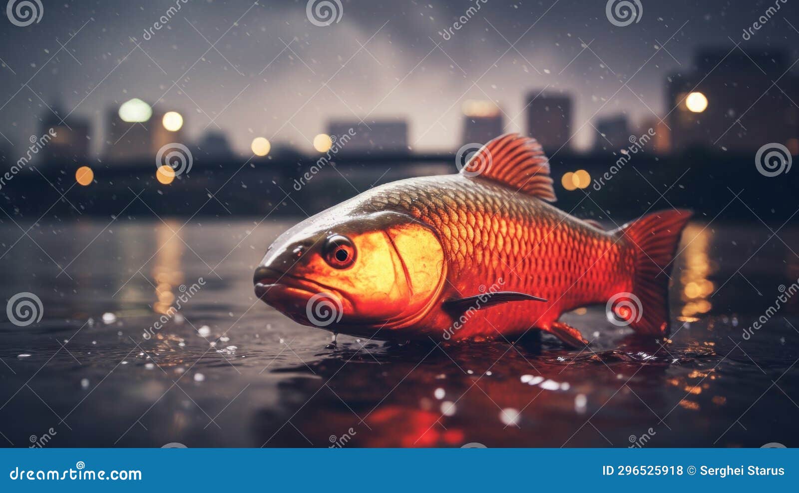 A Red Fish in the Water with a City Skyline Behind it, AI Stock Photo ...
