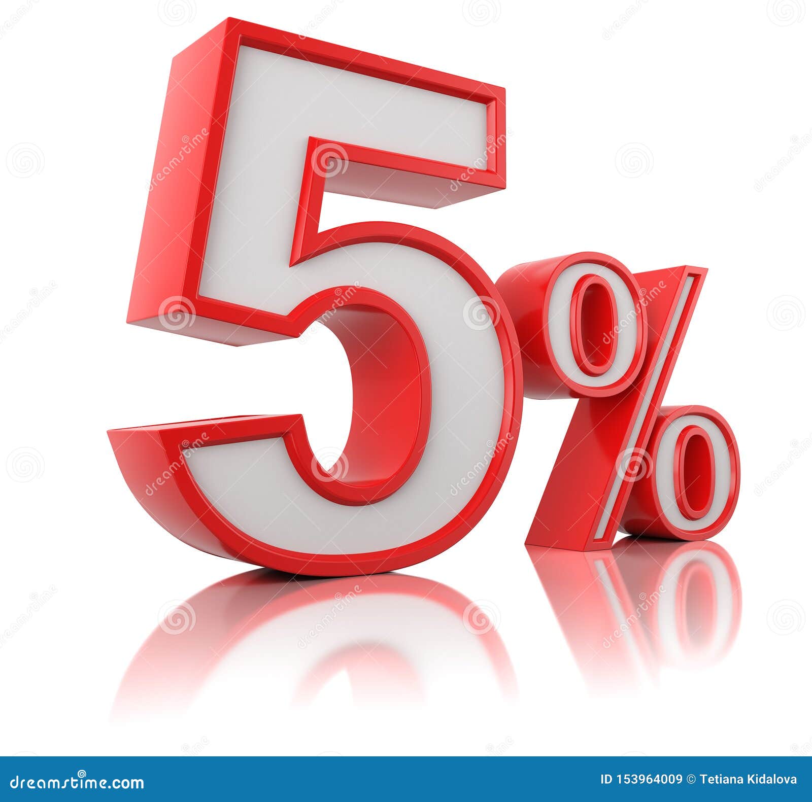 Red Five Percent on White Reflective Background. 3d Rendering ...