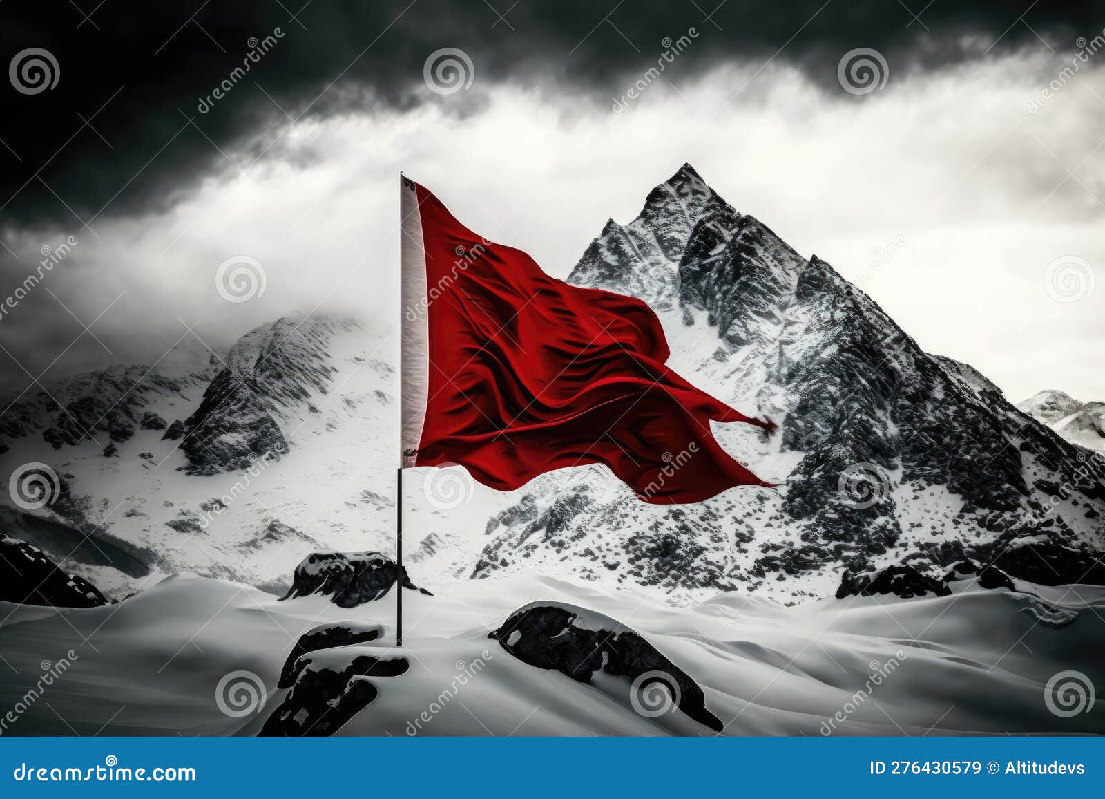Red Flag Flapping in the Wind on a Snowy Mountain Peak Stock ...
