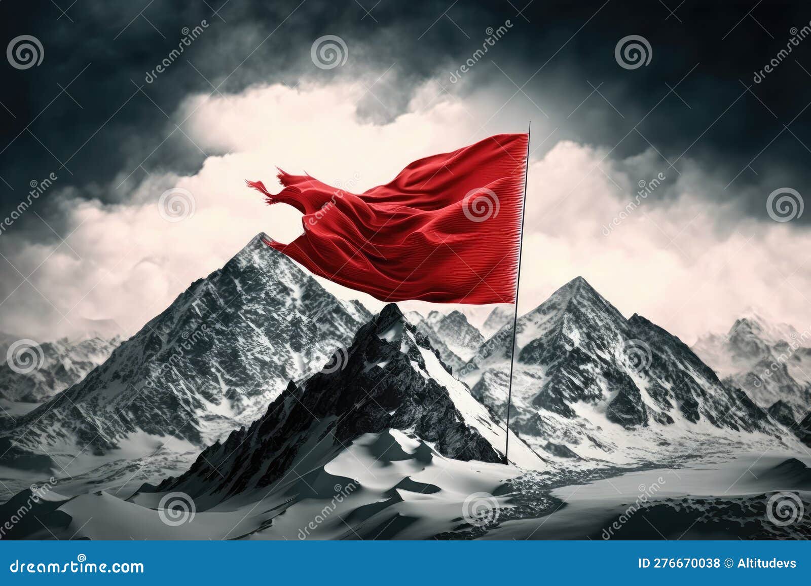 Red Flag Flapping in the Wind on a Snowy Mountain Peak Stock ...