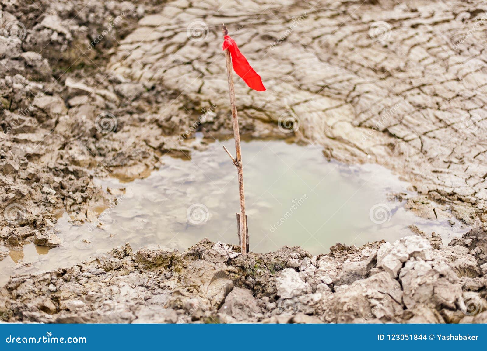 Red Flag on a Stick in Puddle Stock Photo - Image of dirt, flag: 123051844