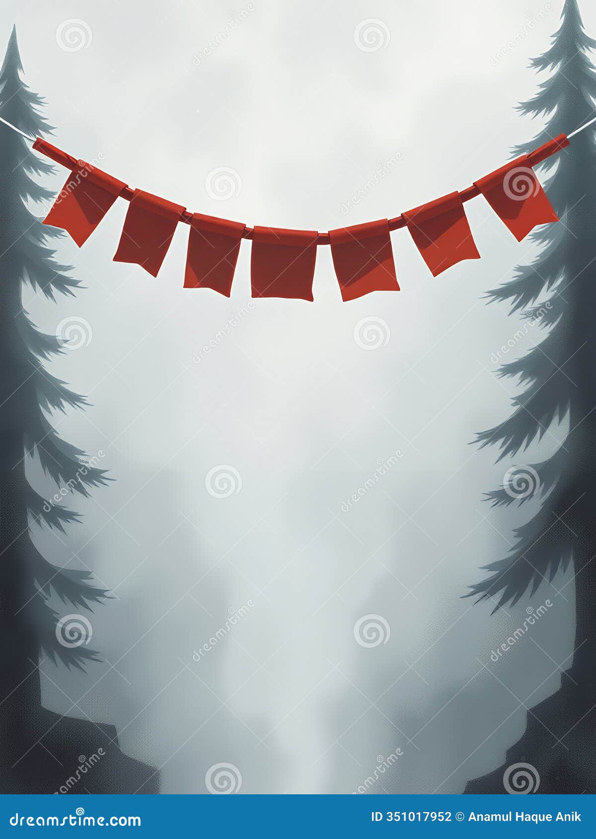 Red Flags Hang between Two Pine Trees on a Foggy Day Stock Illustration ...