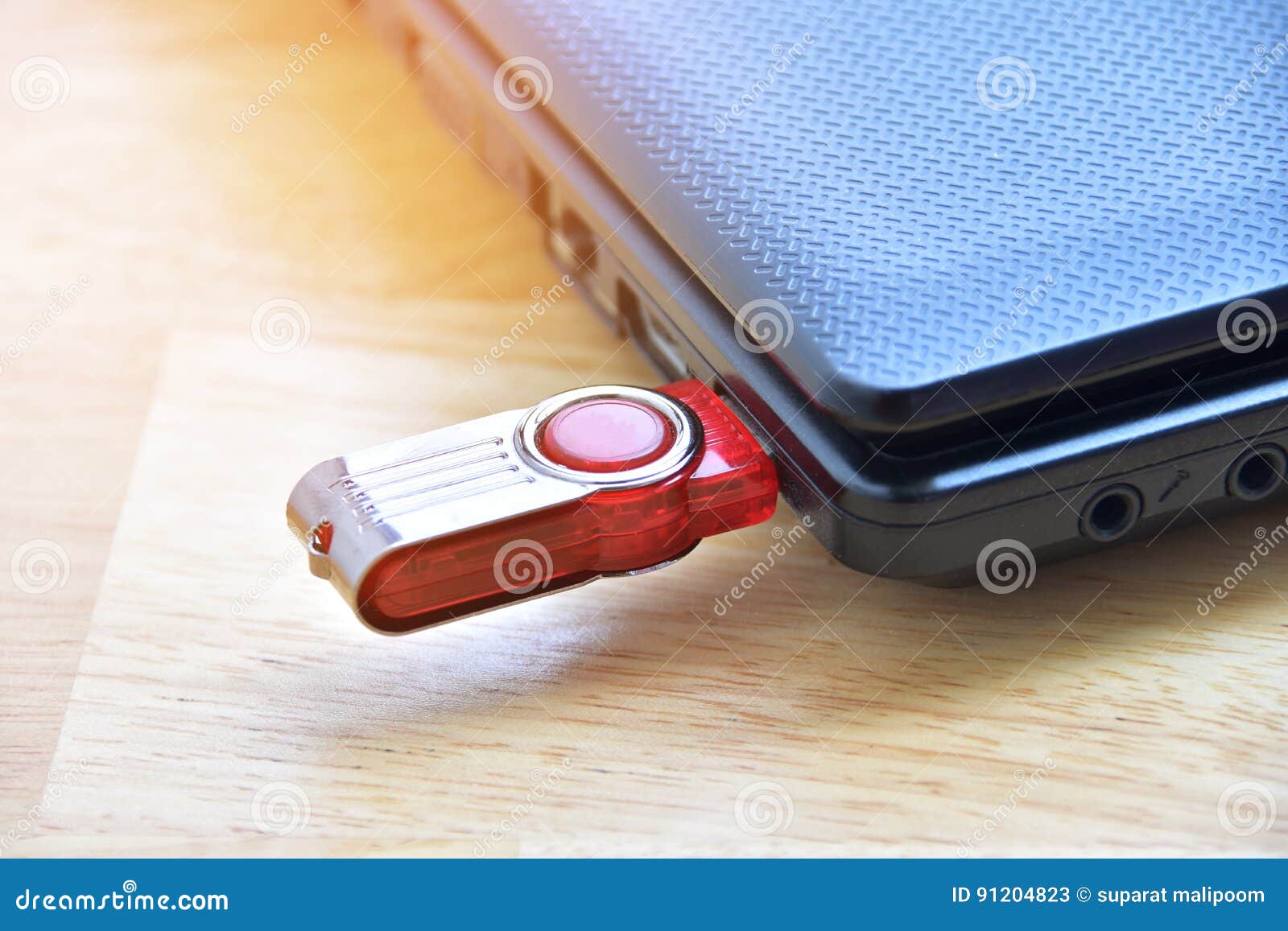 Red Flash Drive in Port Usb with Computer Notebook. Stock Image - Image ...