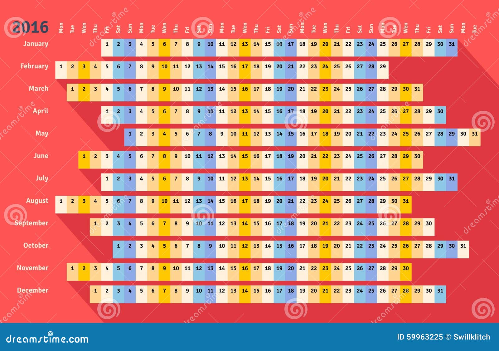 Red Flat Linear Calendar 2016 with Long Shadow Stock Vector ...
