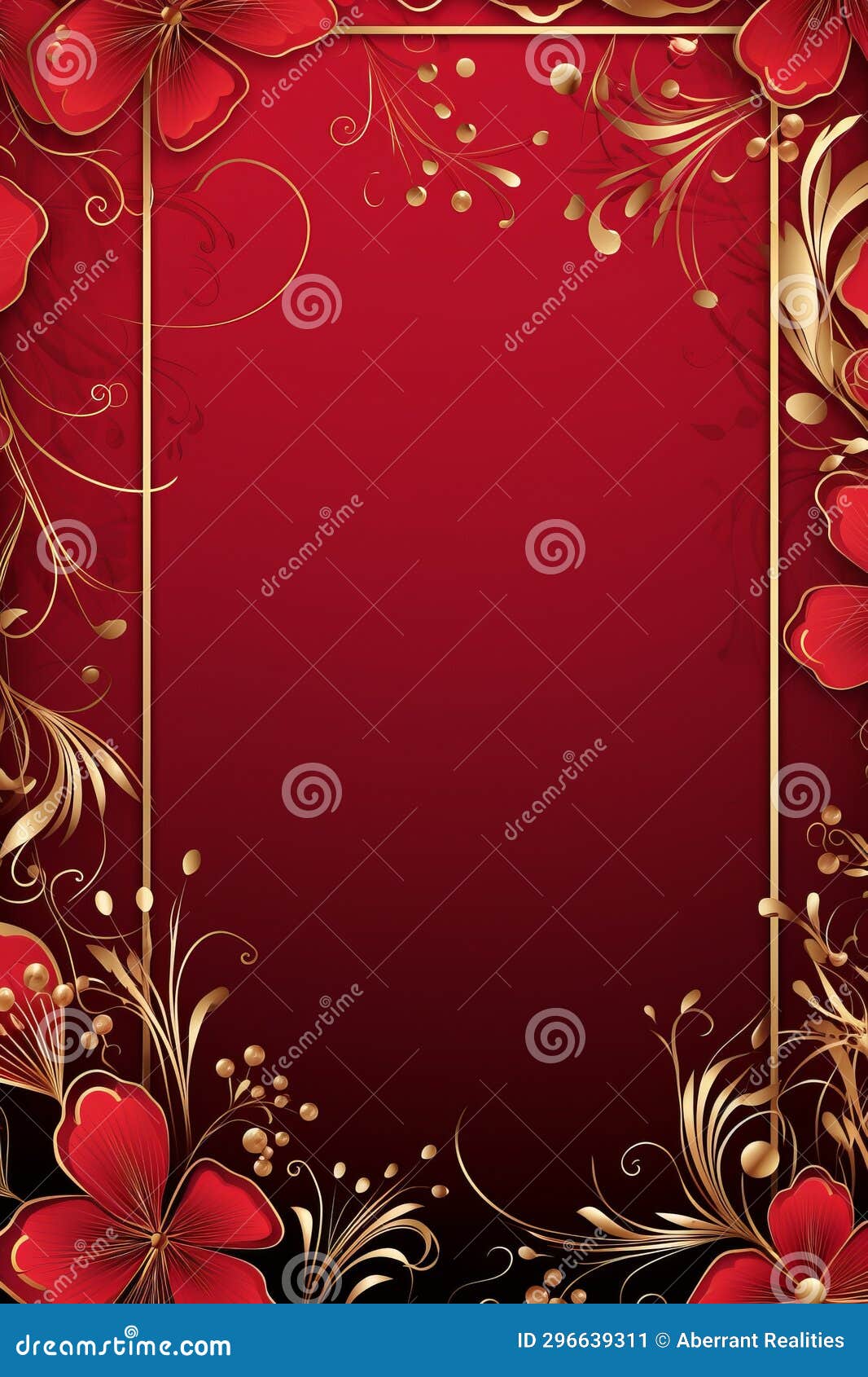 Red Floral Frame with Gold Border on a Red Background Stock ...