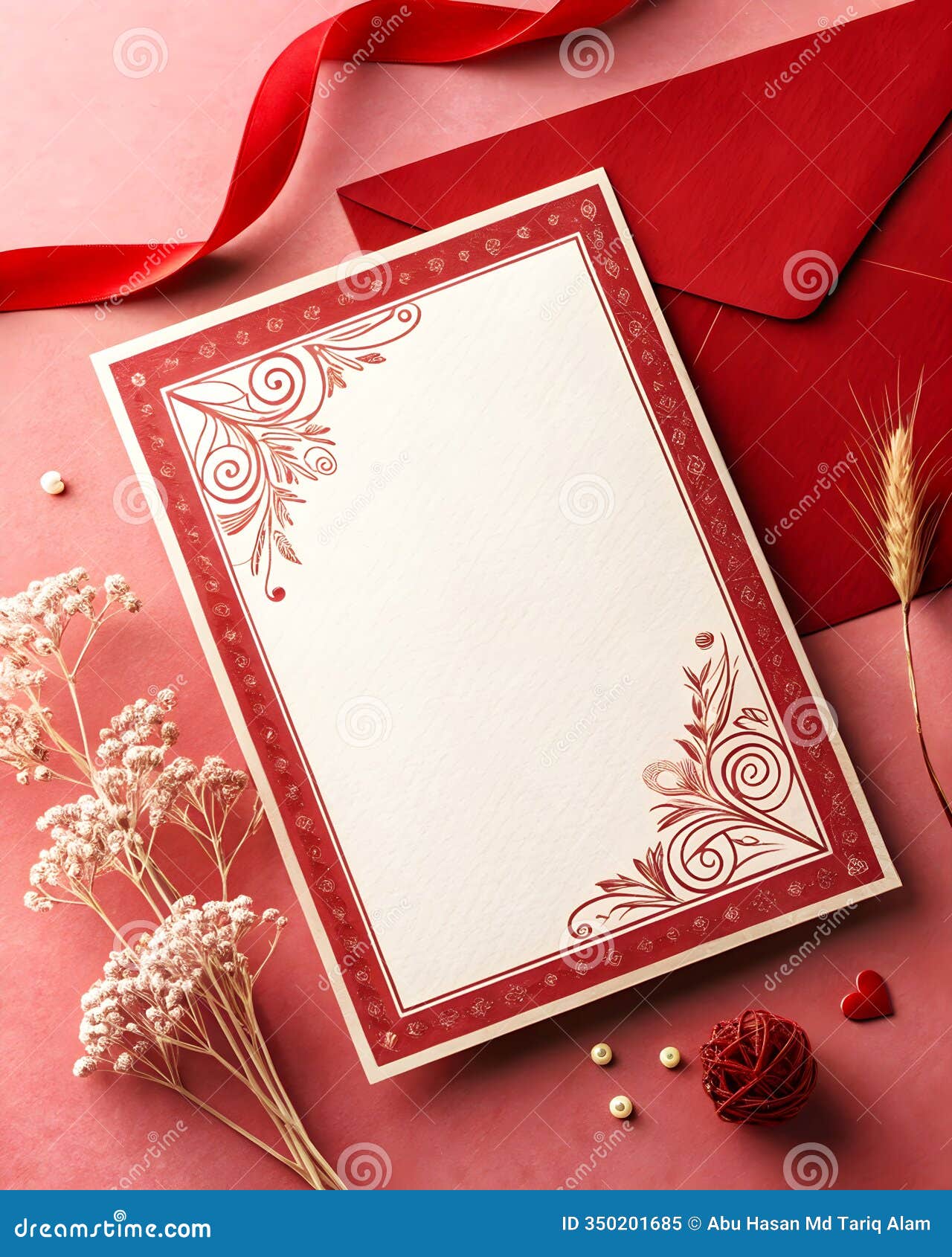 A Red Floral Invitation Card Mockup with Floral Corners Stock ...
