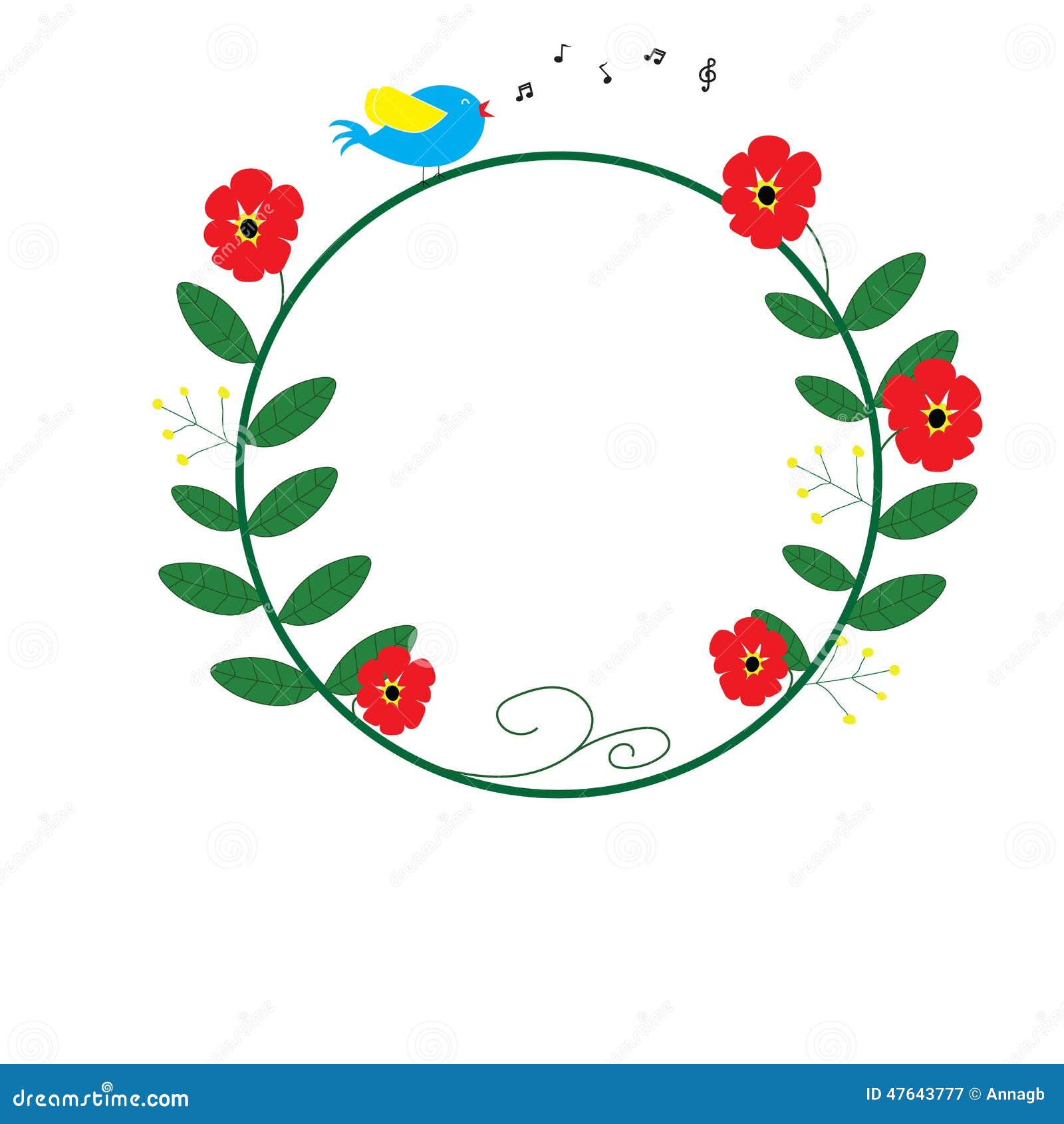 Red Flower Circle with Blue Bird Singing and Music Notes Stock Vector ...