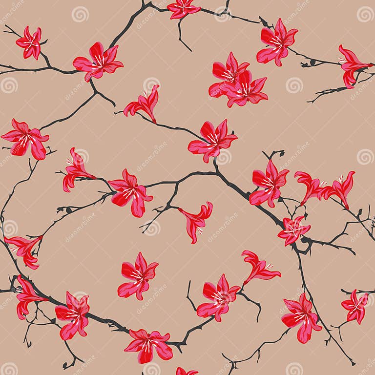 Red Flowers Almond Seamless Vector Pattern Stock Vector - Illustration ...