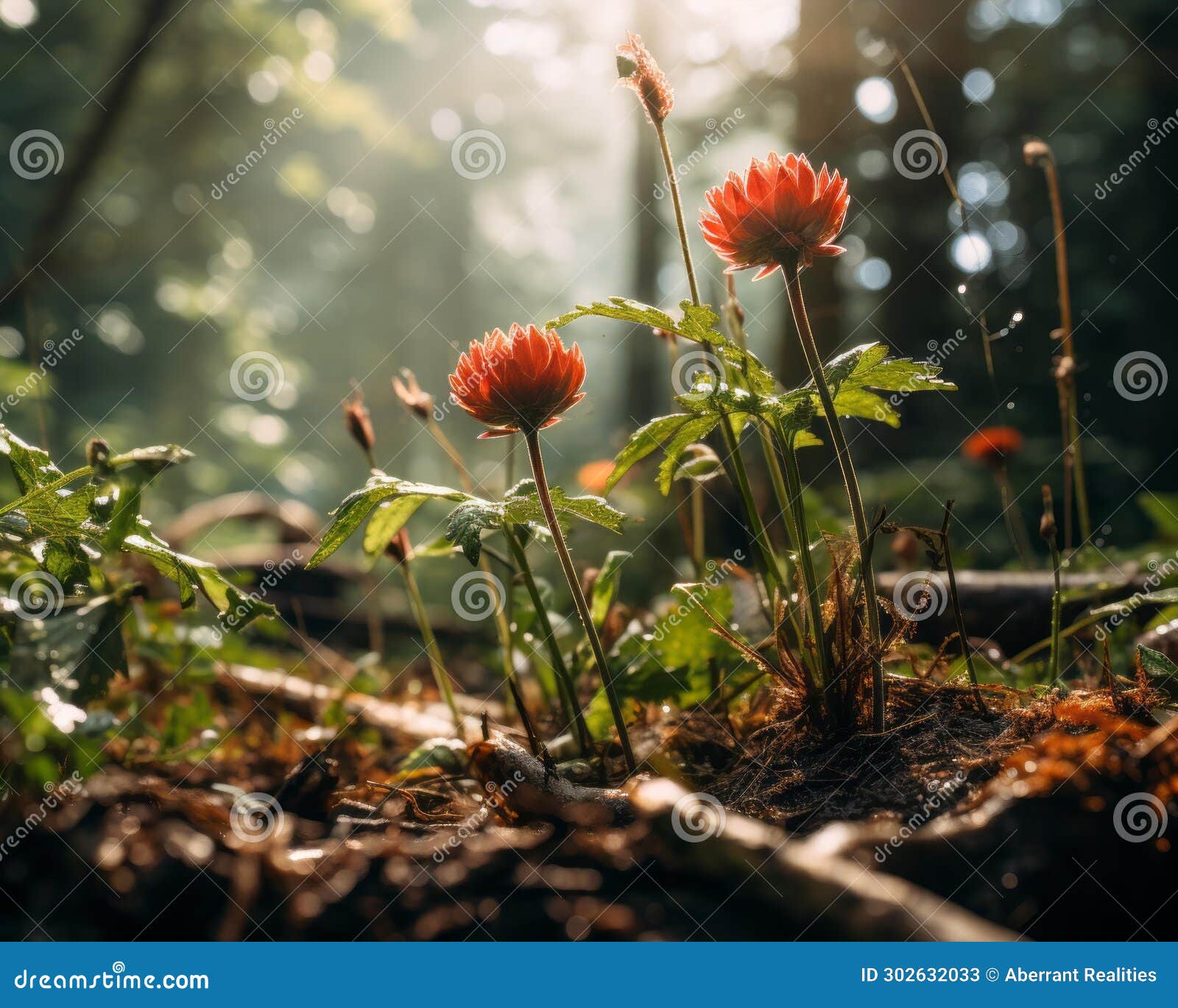 Red Flowers in the Forest with Sunlight Shining through Stock ...