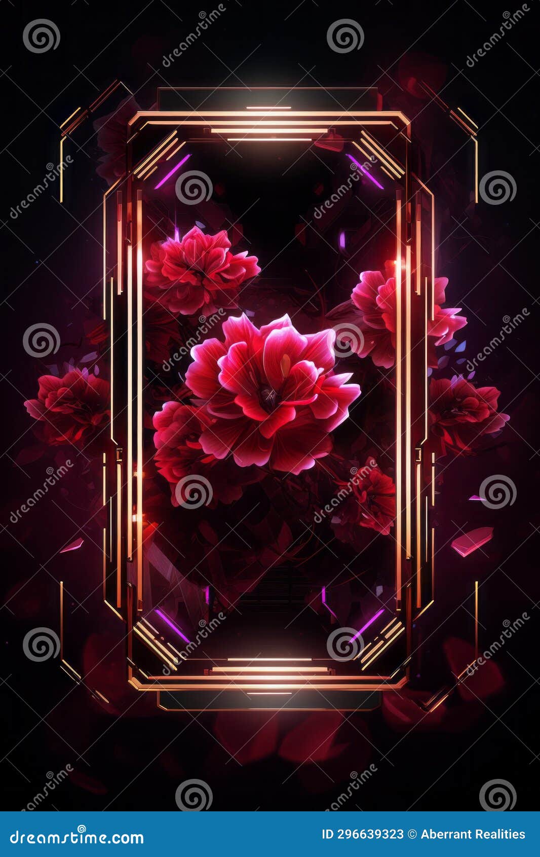 Red Flowers in a Frame on a Black Background Stock Illustration ...