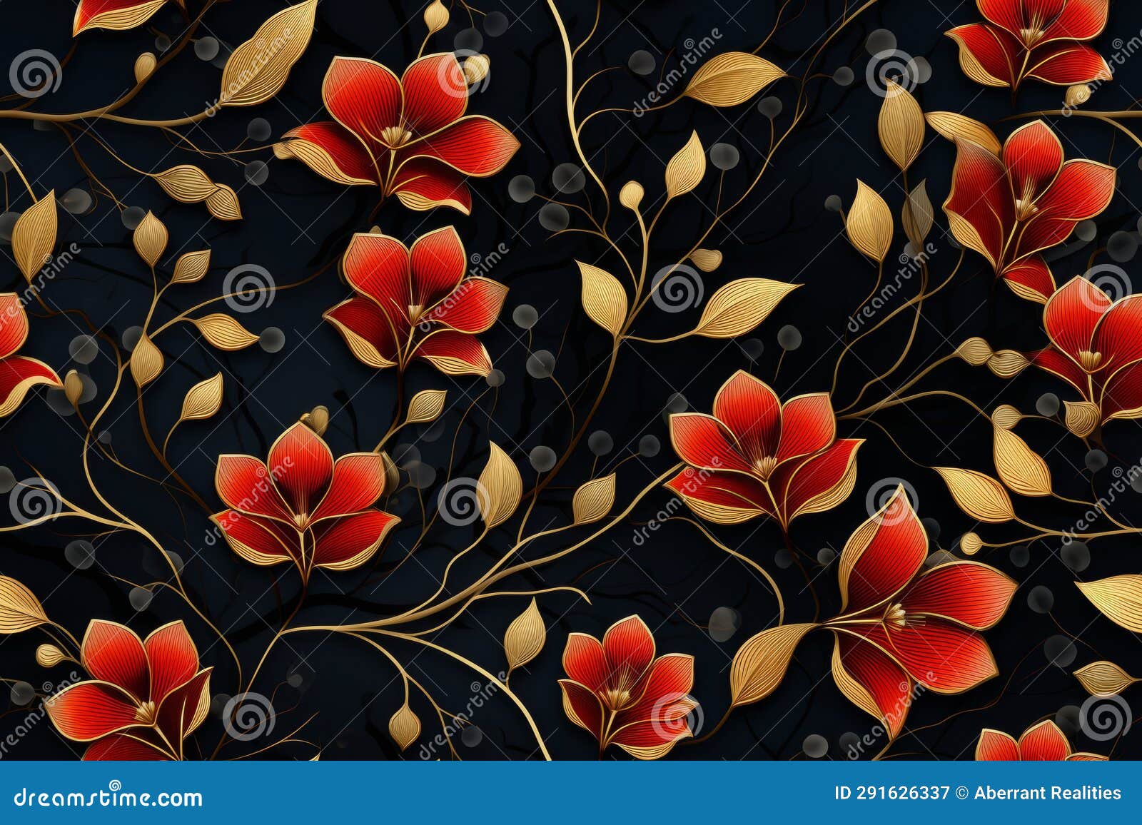 Red Flowers and Gold Leaves on a Black Background Stock Illustration ...