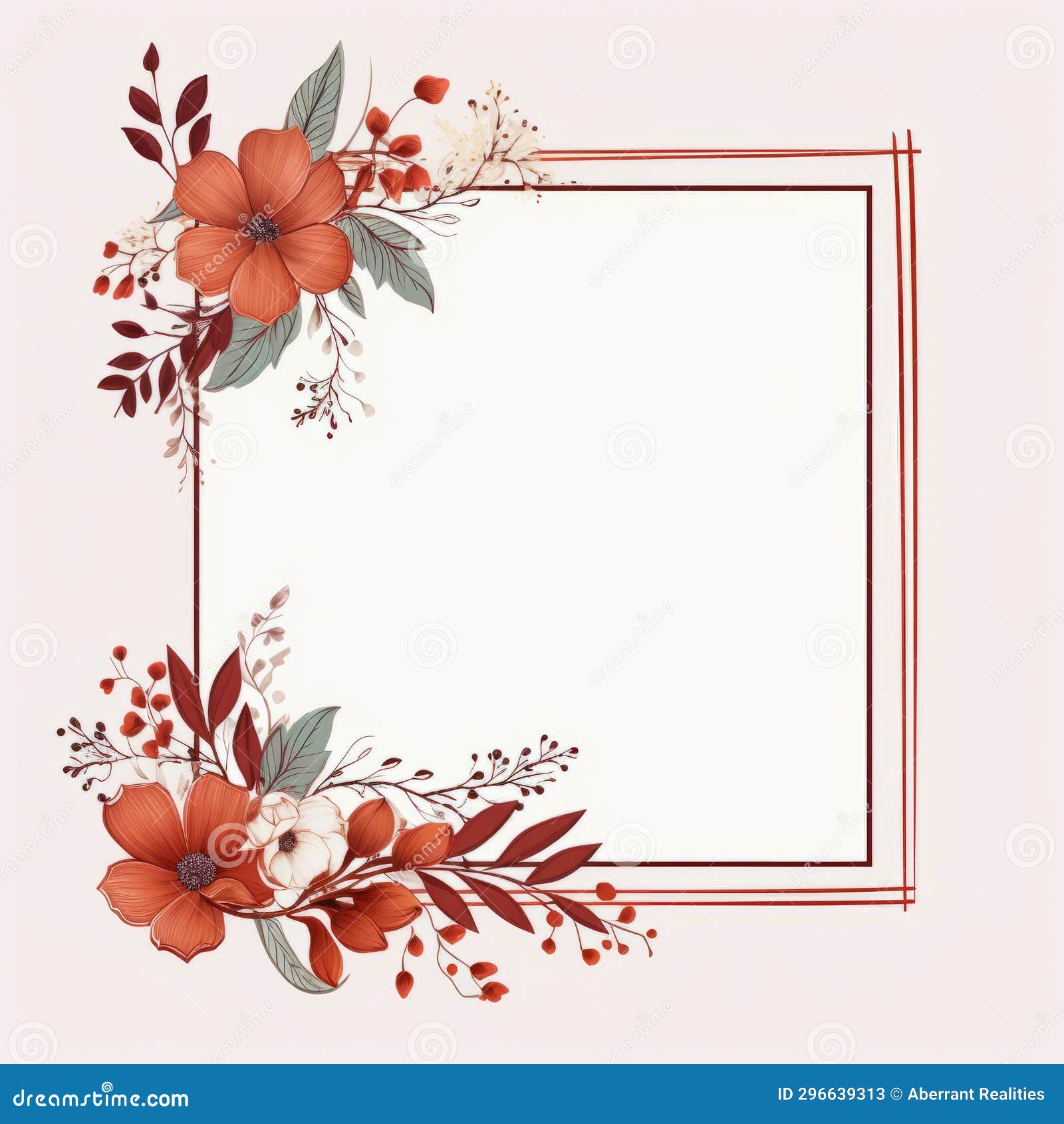Red Flowers and Leaves in a Square Frame on a White Background Stock ...