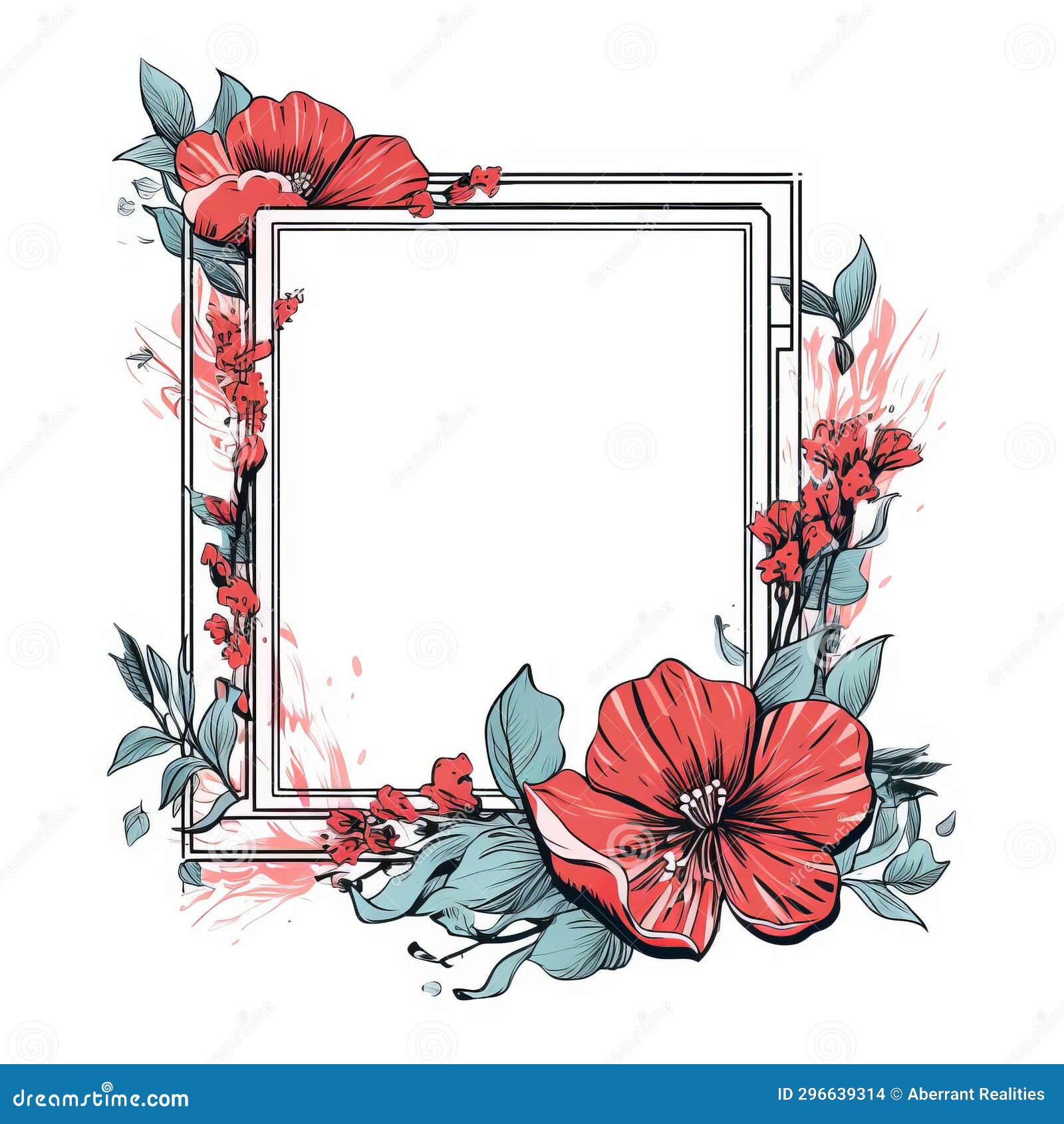 Red Flowers and Leaves in a Square Frame on a White Background Stock ...