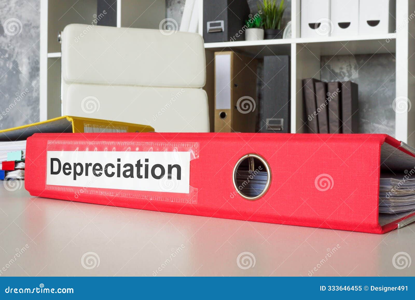 Red Folder Labeled Depreciation in an Office. Asset Value Reduction ...