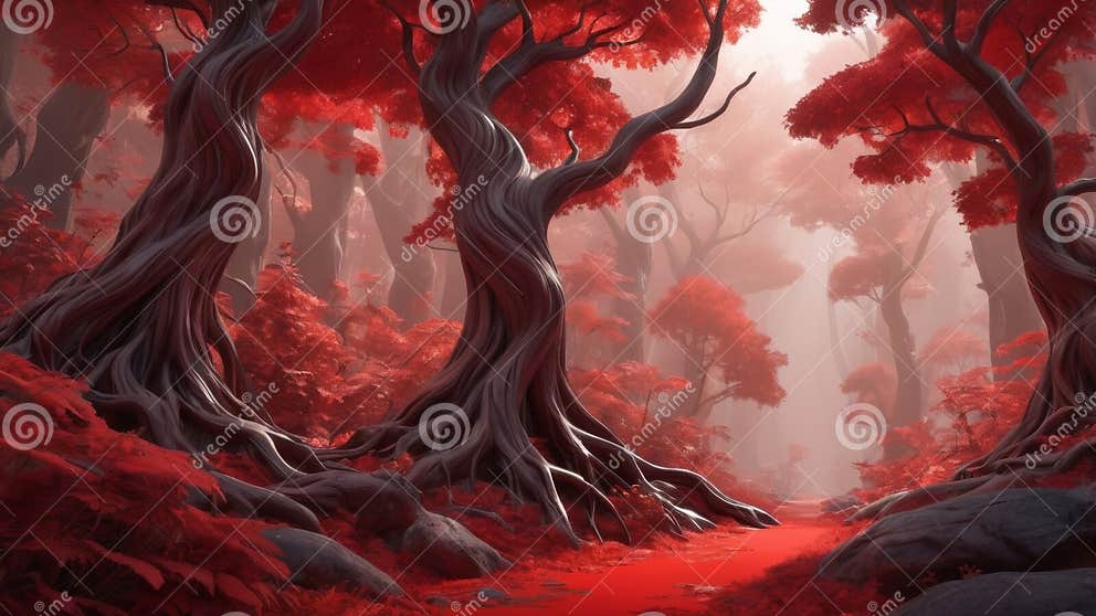 Red Forest Path with Misty Trees Stock Illustration - Illustration of ...