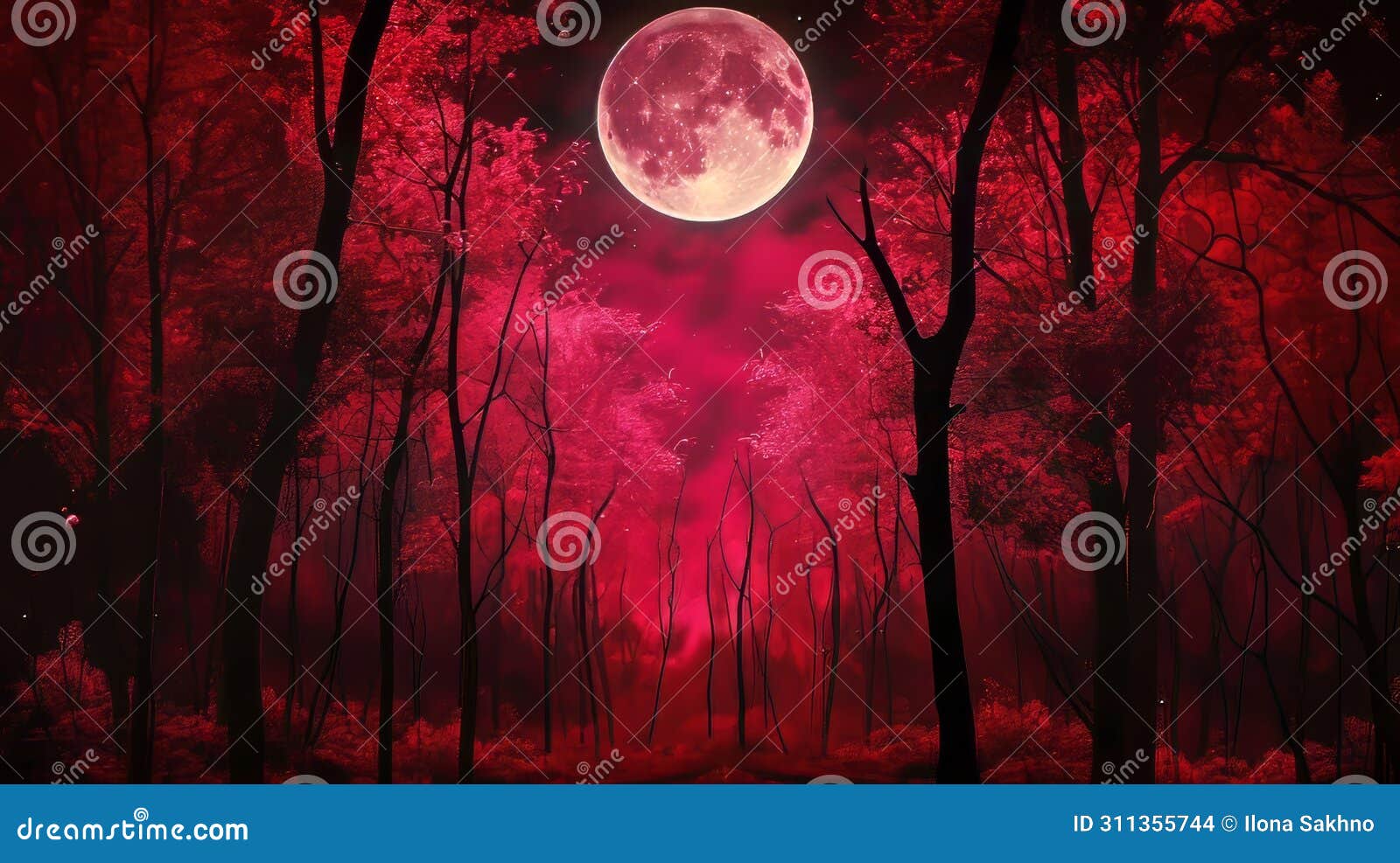 Red Forrest, Tree S and Full Moon Stock Illustration - Illustration of ...