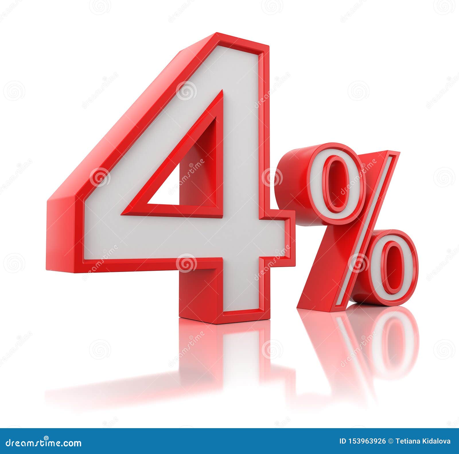 Red Four Percent on White Reflective Background. 3d Rendering ...