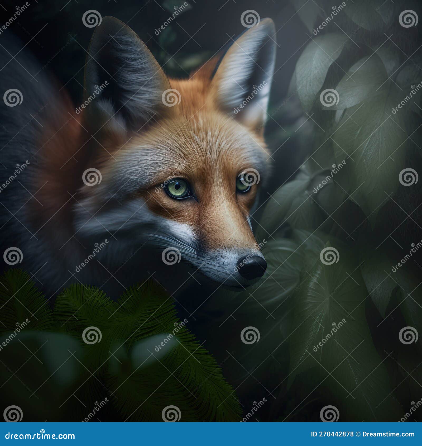 A Red Fox with Blue Eyes Looking Out from Behind Some Leaves. Stock ...