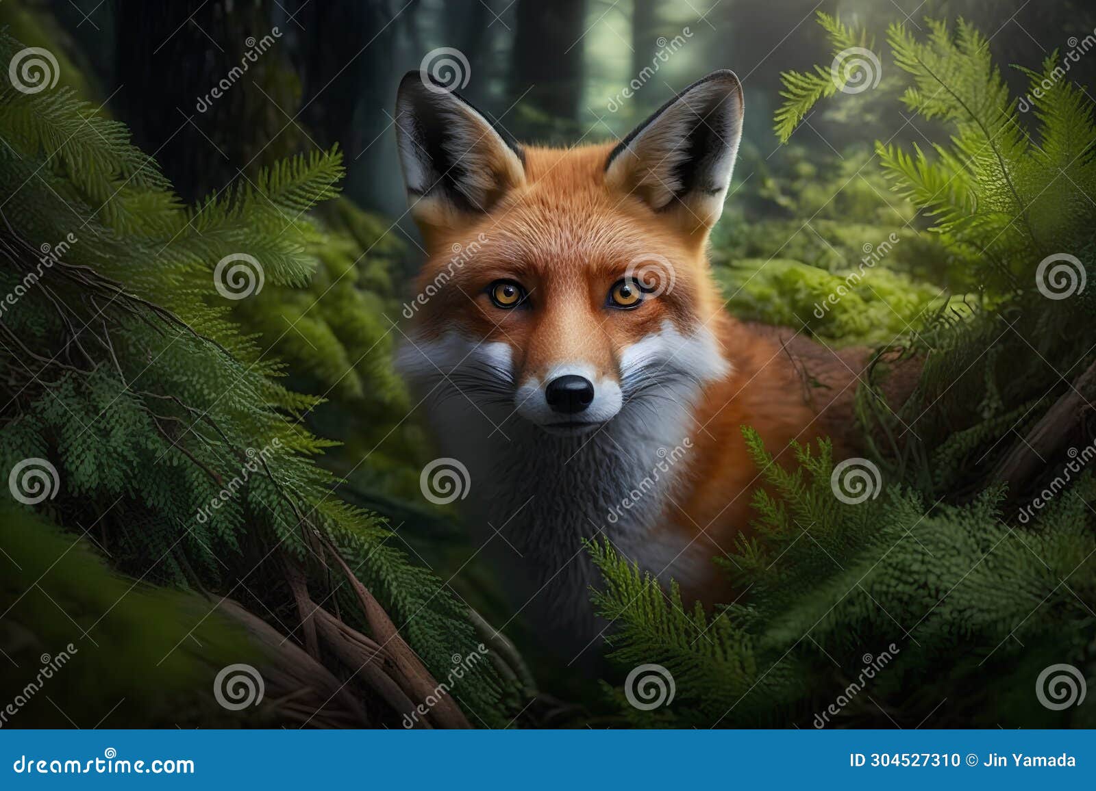 Red Fox in the Dark Forest with Ferns, 3d Render Stock Illustration ...