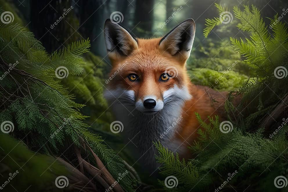 Red Fox in the Dark Forest with Ferns, 3d Render Stock Illustration ...