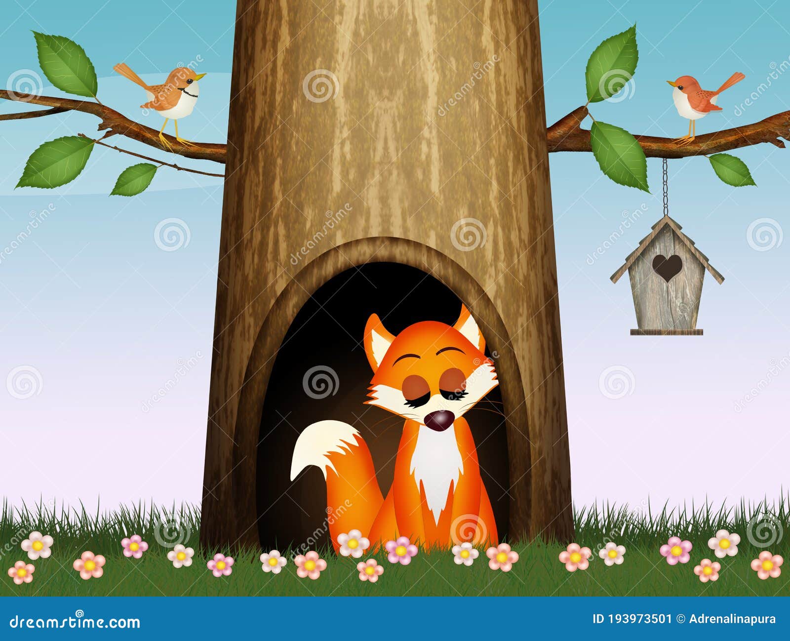 Red Fox in the Den in the Tree Trunk Stock Illustration - Illustration ...