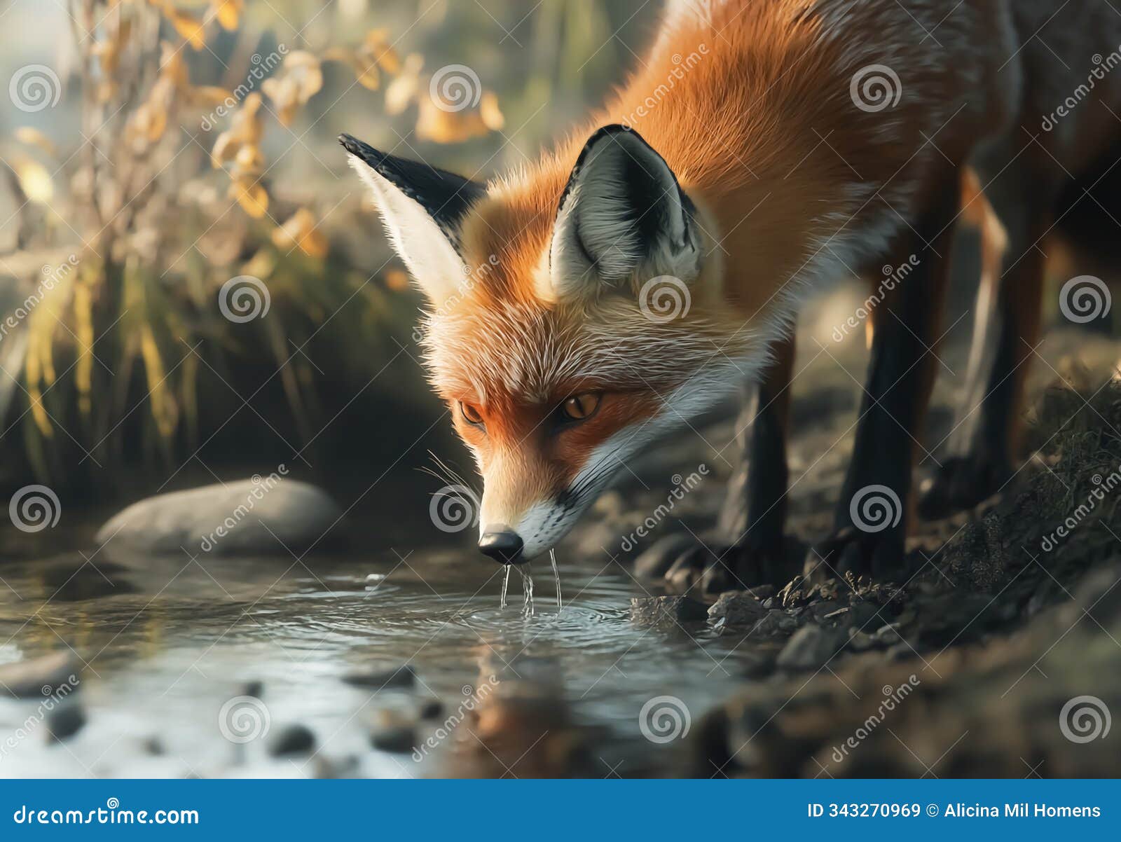 Red Fox Drinking Water in a Stream Stock Illustration - Illustration of ...