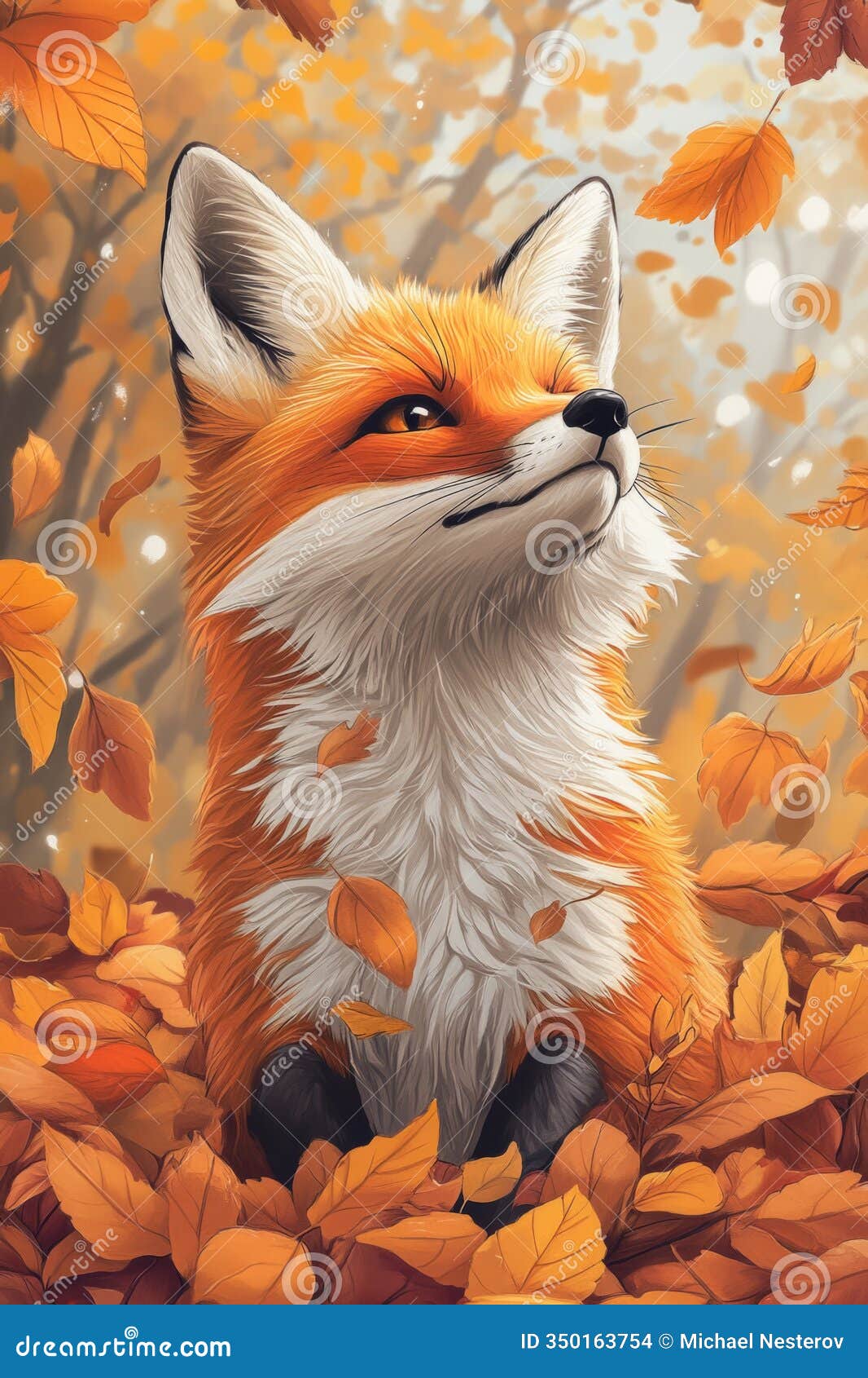 Red Fox Enjoying Autumn Leaves Falling Down Stock Photo - Image of ...