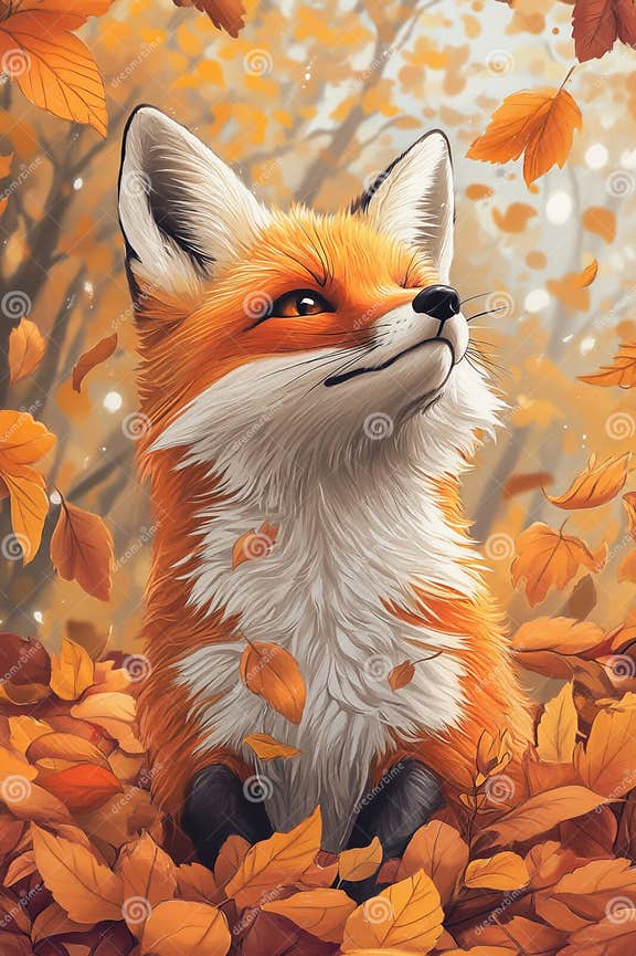 Red Fox Enjoying Autumn Leaves Falling Down Stock Photo - Image of ...