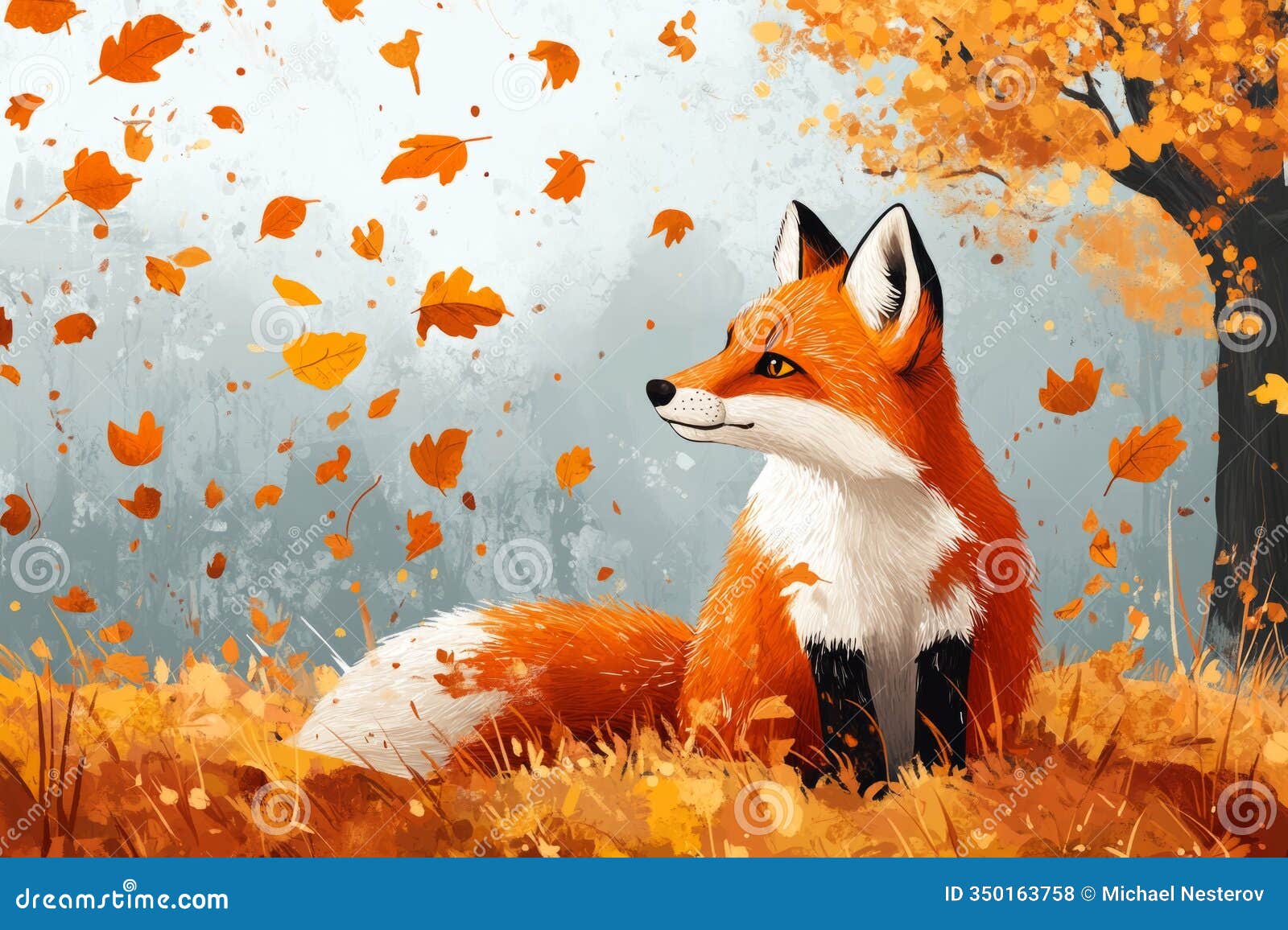 Red Fox Enjoying Autumn Leaves Falling Down Around Him Stock Photo ...