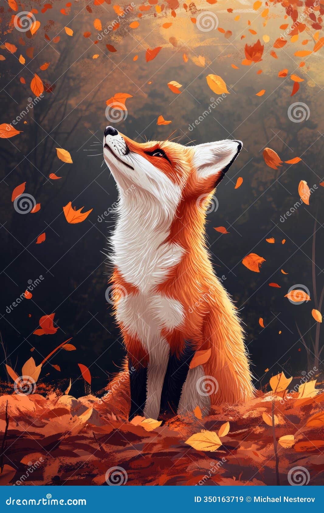 Red Fox Enjoying Falling Leaves in Autumn Forest Stock Image - Image of ...