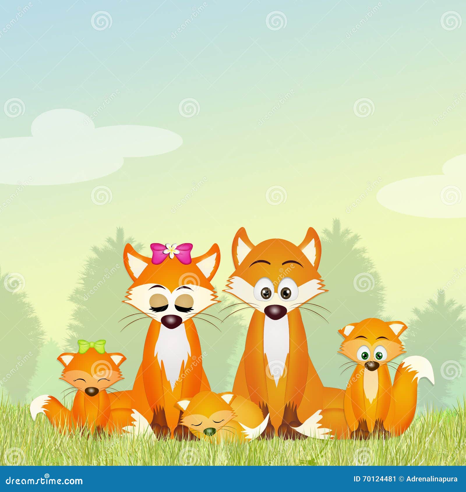 Red Fox Family in the Forest Stock Illustration - Illustration of ...