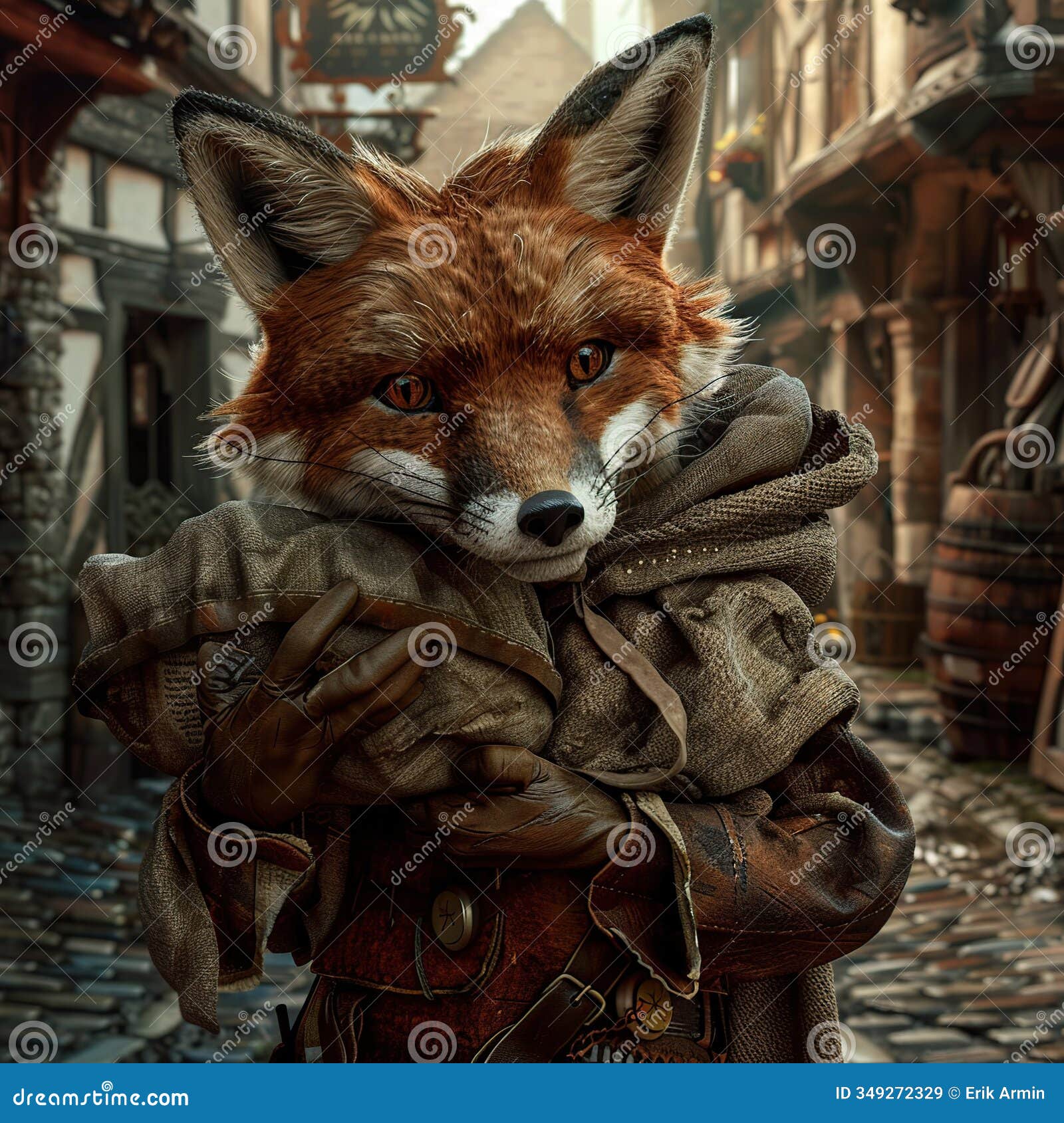 Red Fox Fursuit in Medieval Town, Carrying a Bundle Stock Illustration ...