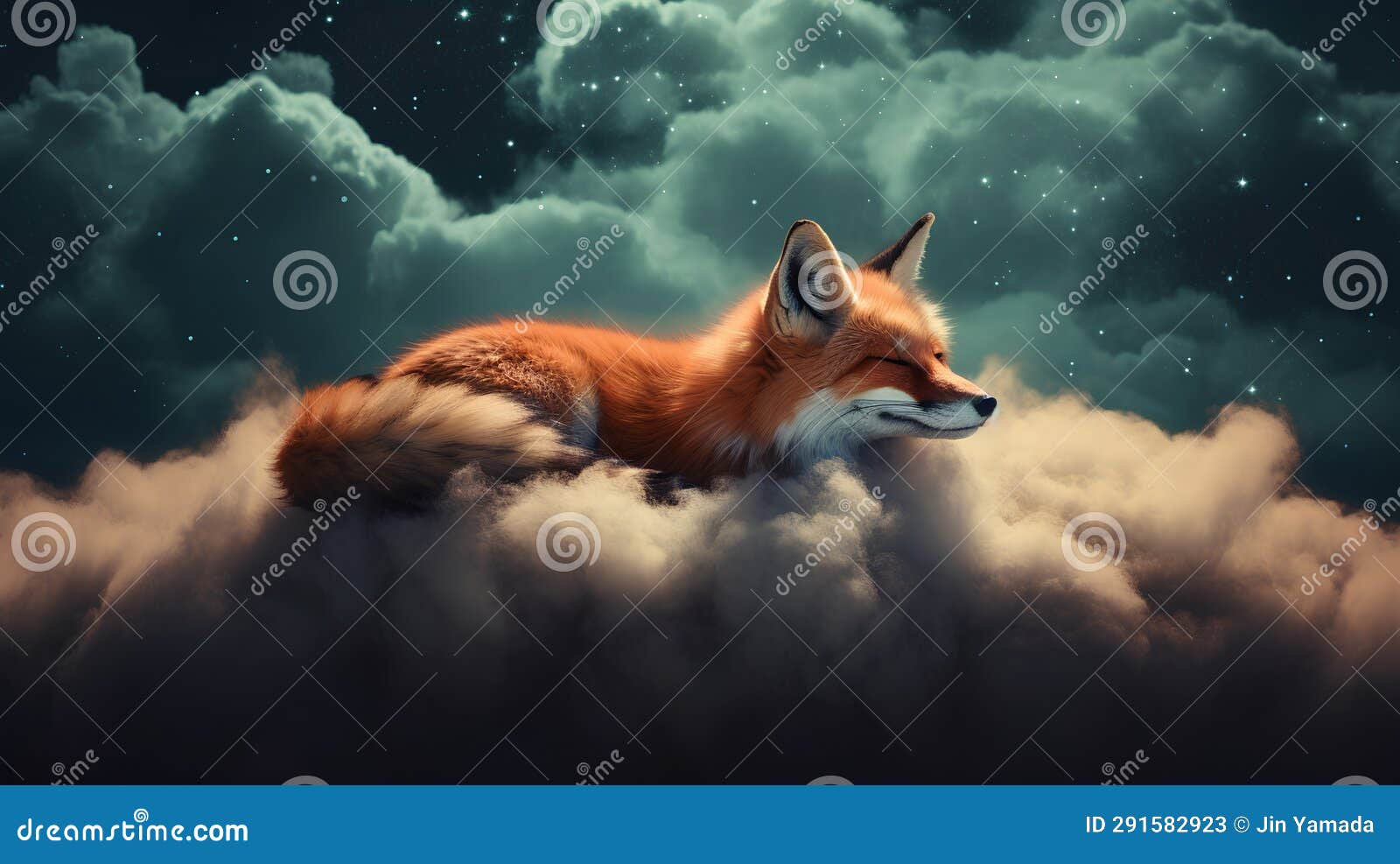 Red Fox Lying on the Clouds in the Starry Night Sky. Stock Illustration ...