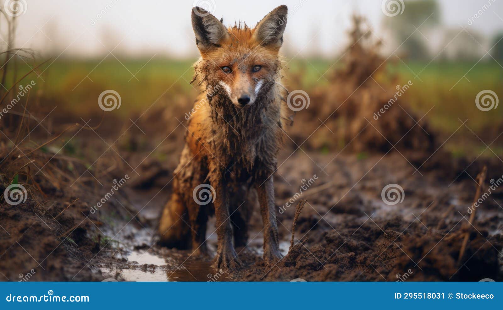 Red Fox in Mud: a Poetic and Environmental Awareness Portrait Stock ...