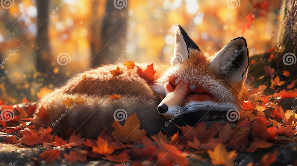 A Red Fox Napping in a Bed of Autumn Leaves Stock Illustration ...