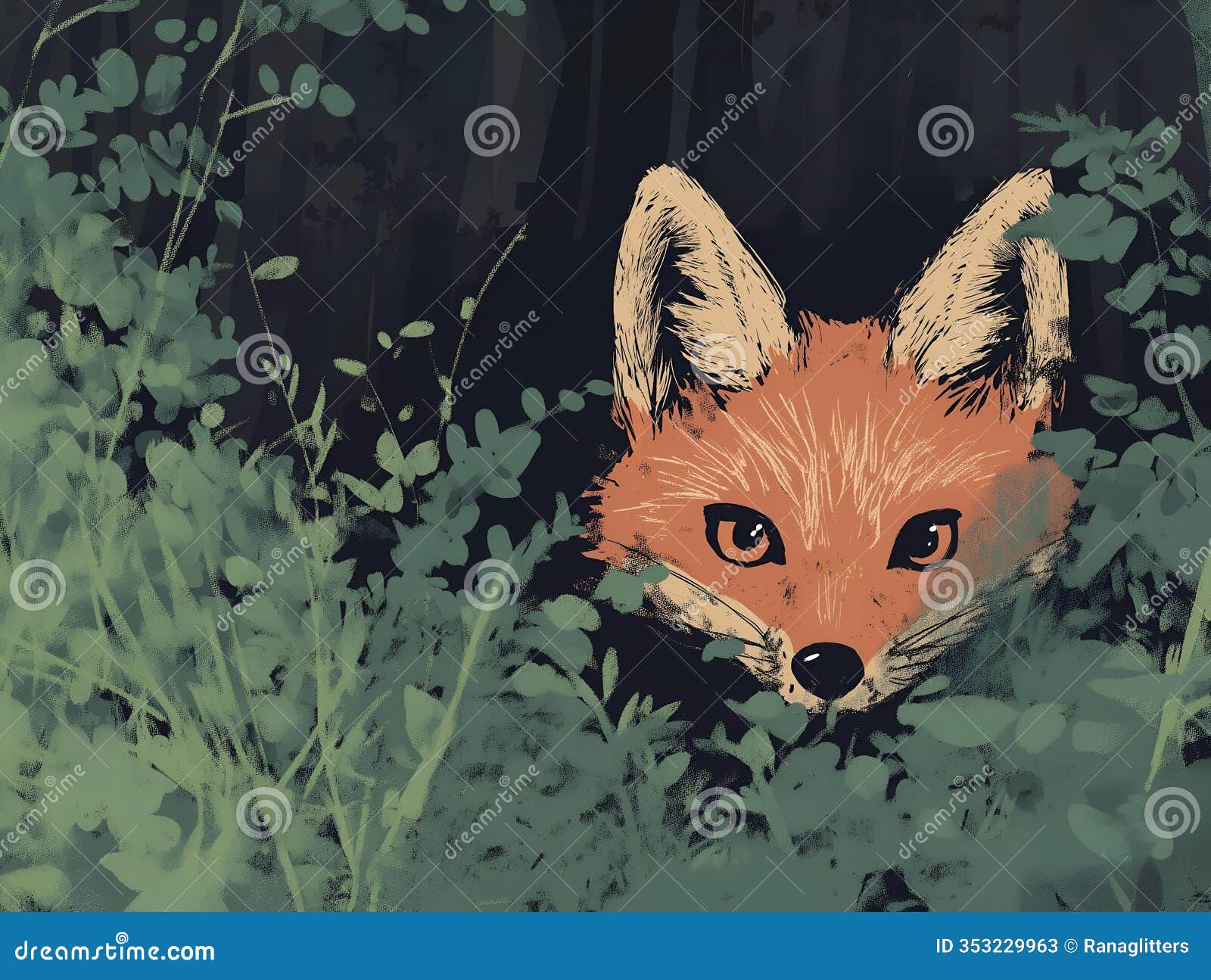 Red Fox Peeking from the Bushes, Stylized Illustration Stock ...