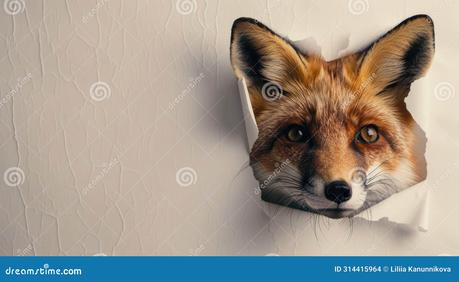 A Red Fox Peeking through a Hole in a Pastel Pink Paper Wall with Ample ...