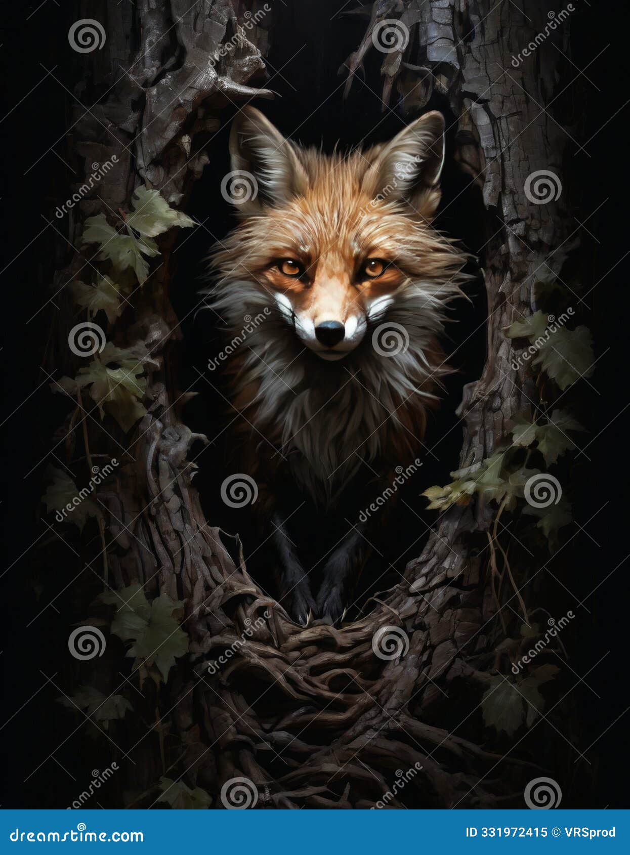 Red Fox Peering from a Tree Hollow Surrounded by Foliage Stock Image ...