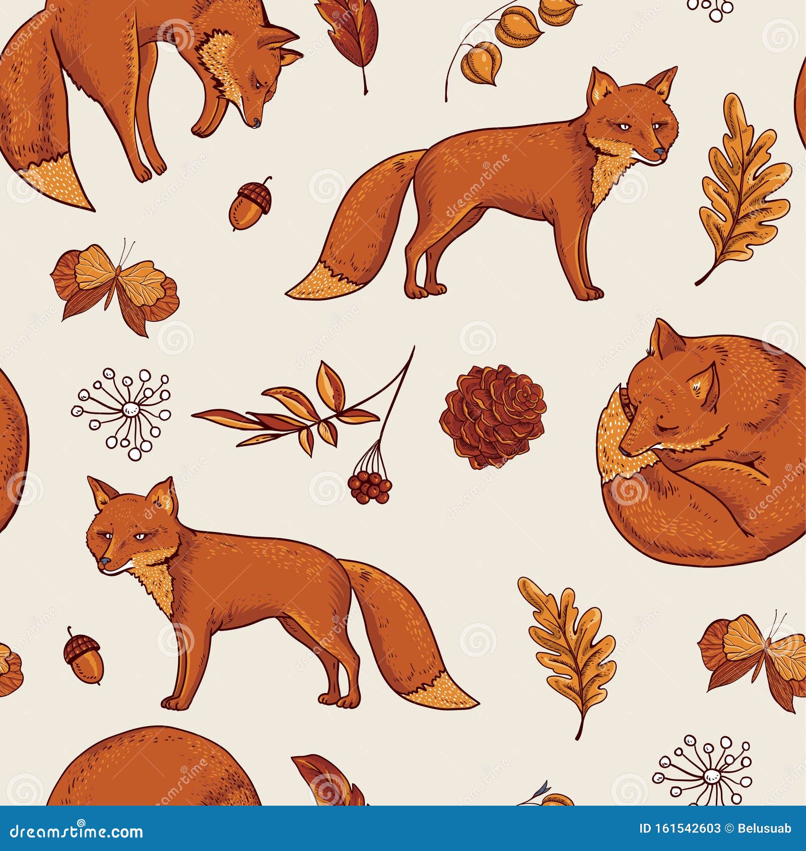 Red Fox Seamless Pattern, Autumn Orange Leaves. Vector Vintage Hand ...
